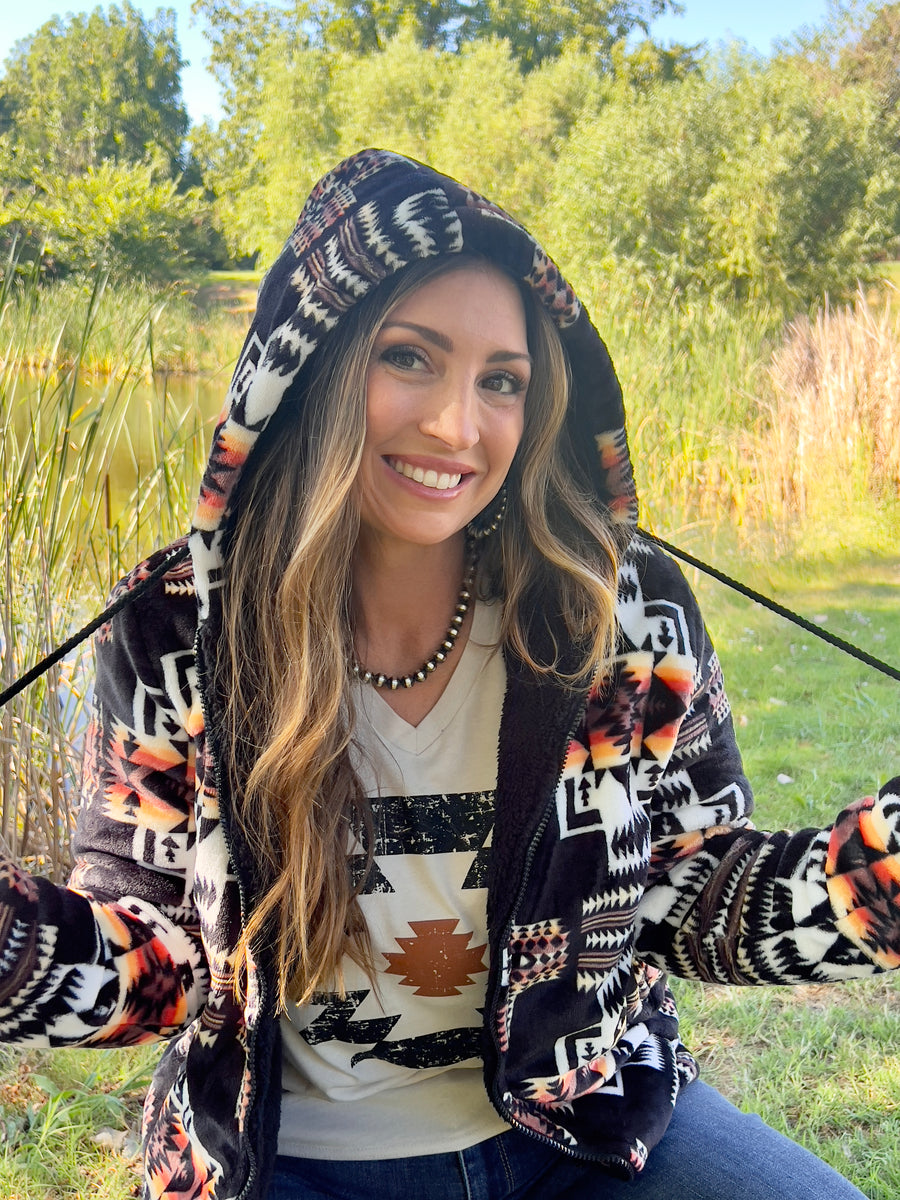 NATIVO AZTEC SHERPA JACKET SUNSET BLACK– Cherokee Trading Post OK